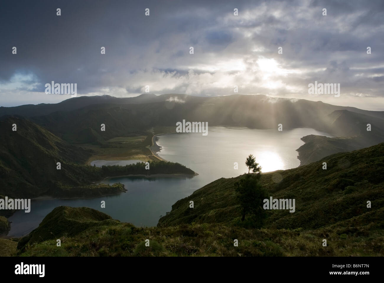 Aerial view of Fire Lake or Lagoa Do Fogo on the Portuguese Island of ...