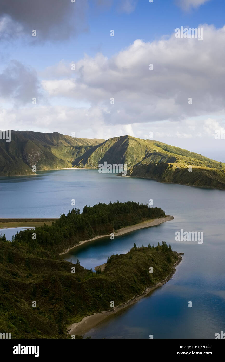 Aerial view of Fire Lake or Lagoa Do Fogo on the Portuguese Island of ...