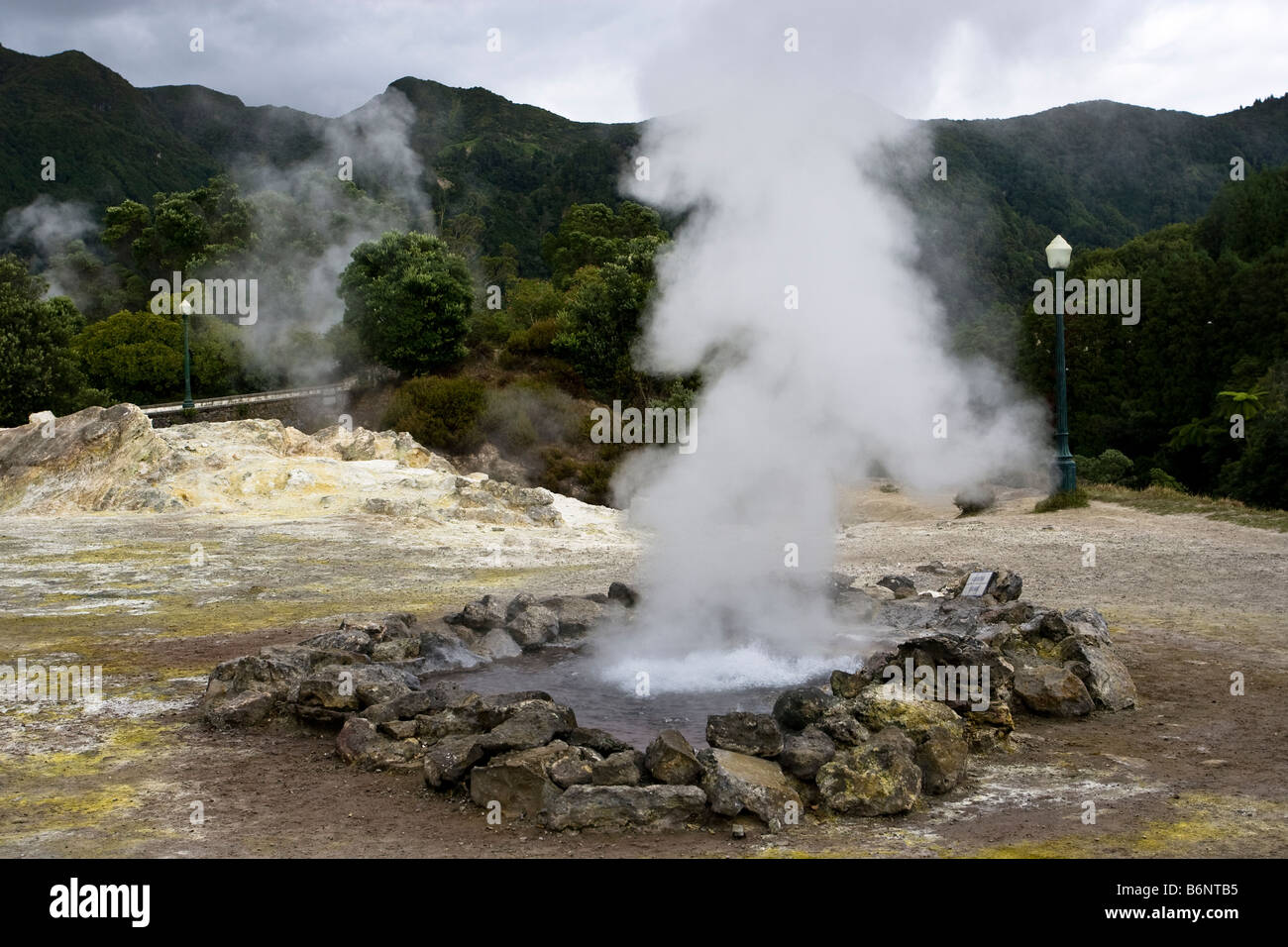 Two steaming hot springs with steam rising into the air near the ...