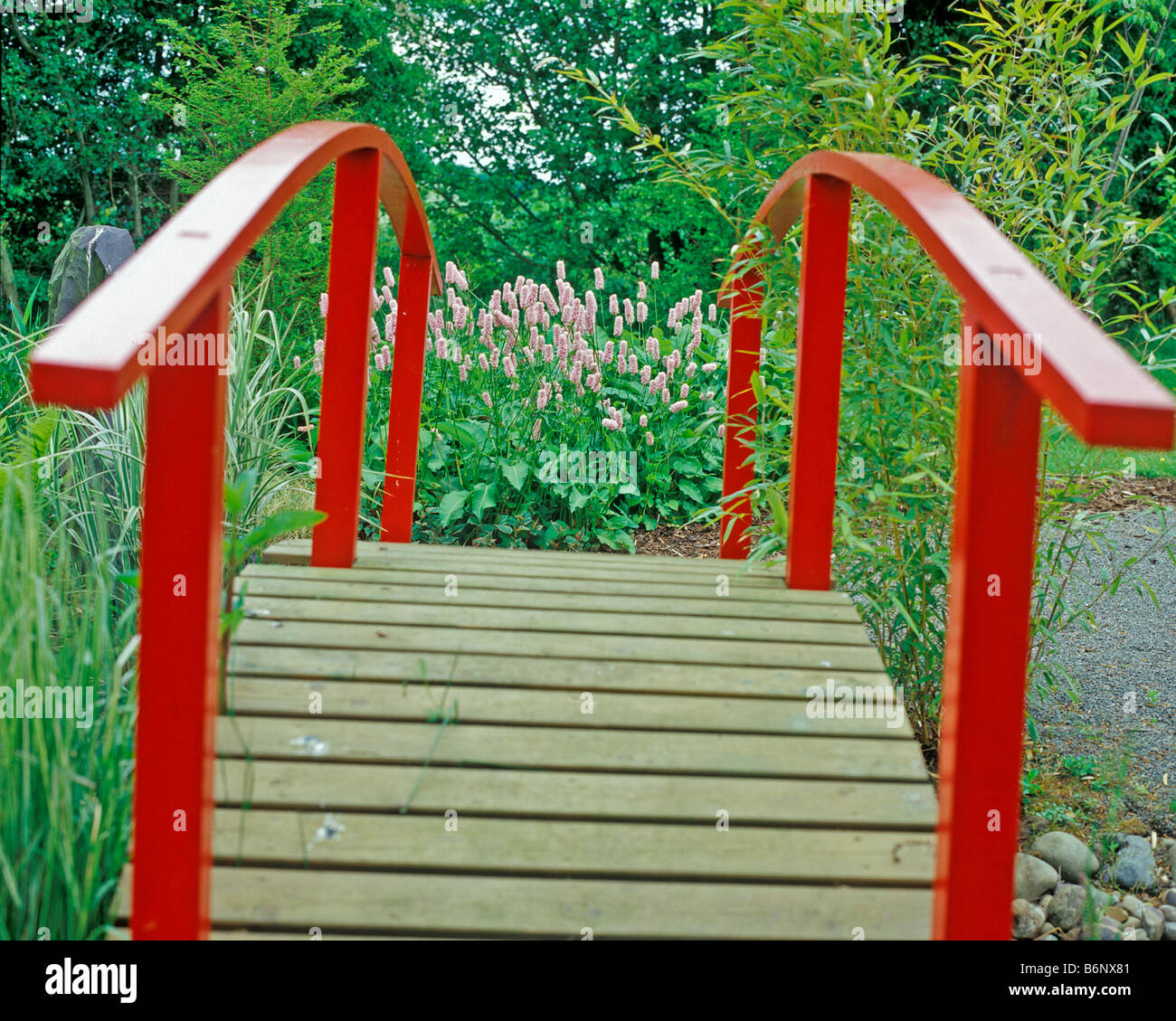 CLOSE UP OF RED WOODEN JAPANESE STYLE BRIDGE IN JAPANESE GARDEN Stock ...