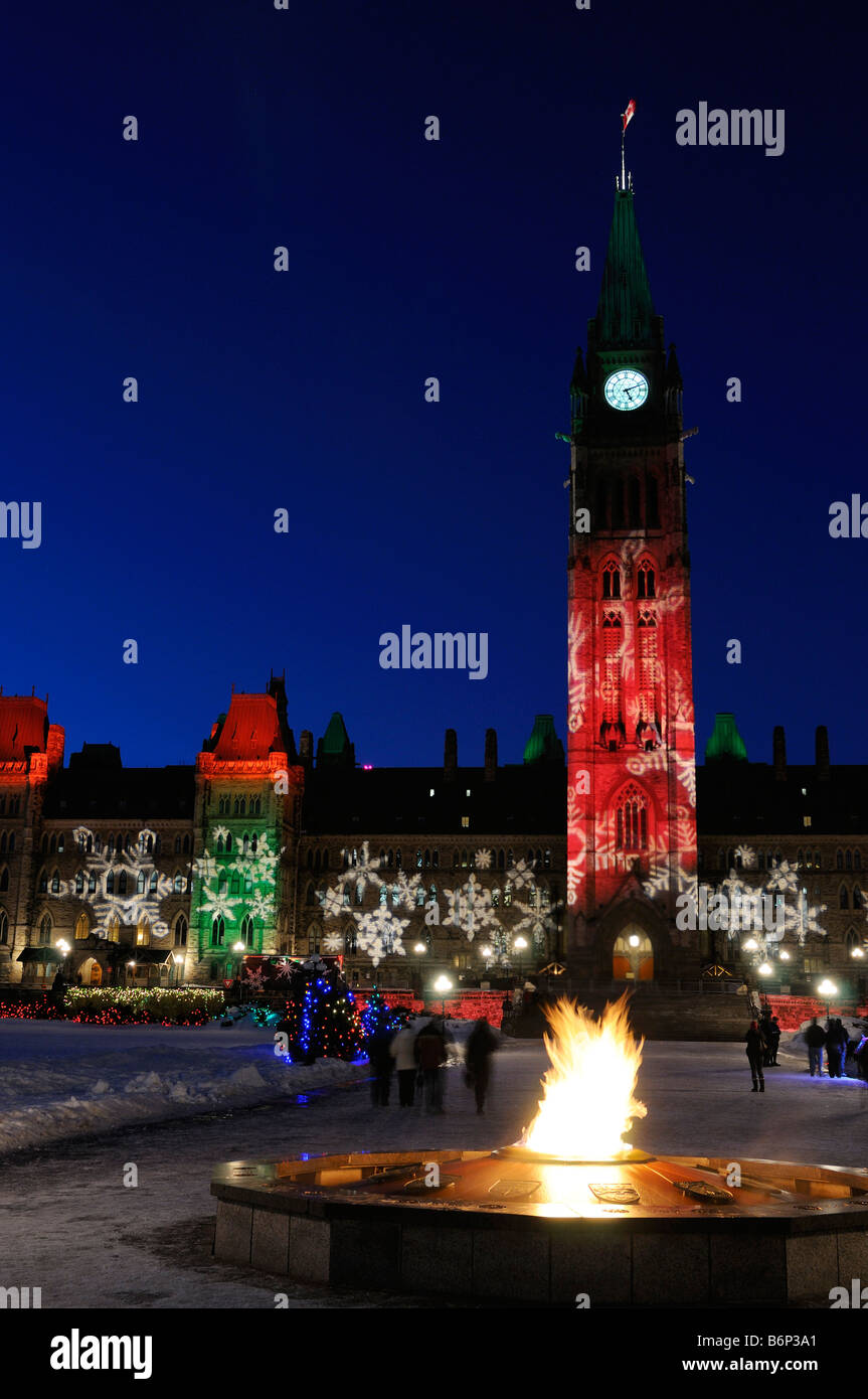 Ottawa Parliament Buildings Peace Tower and Christmas Lights at dusk in ...