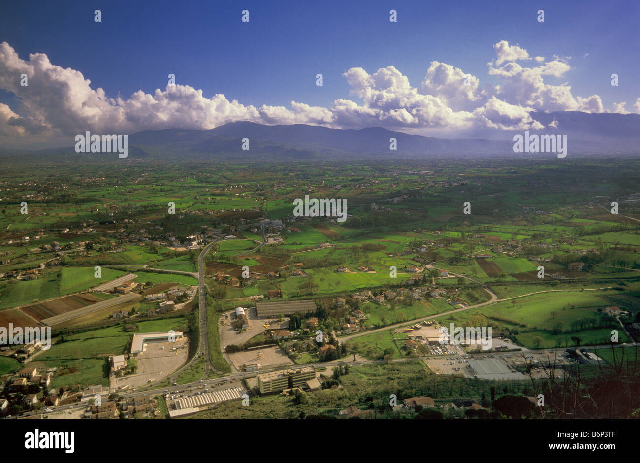 View of town of Cassino and valley from monastery at Monte Cassino ...