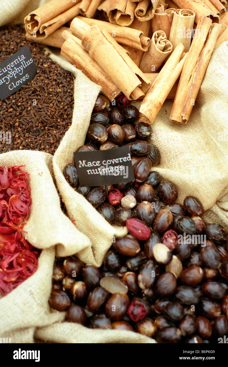 Spice display of Mace covered Nutmeg, Cloves and Cinnamon bark laid on ...