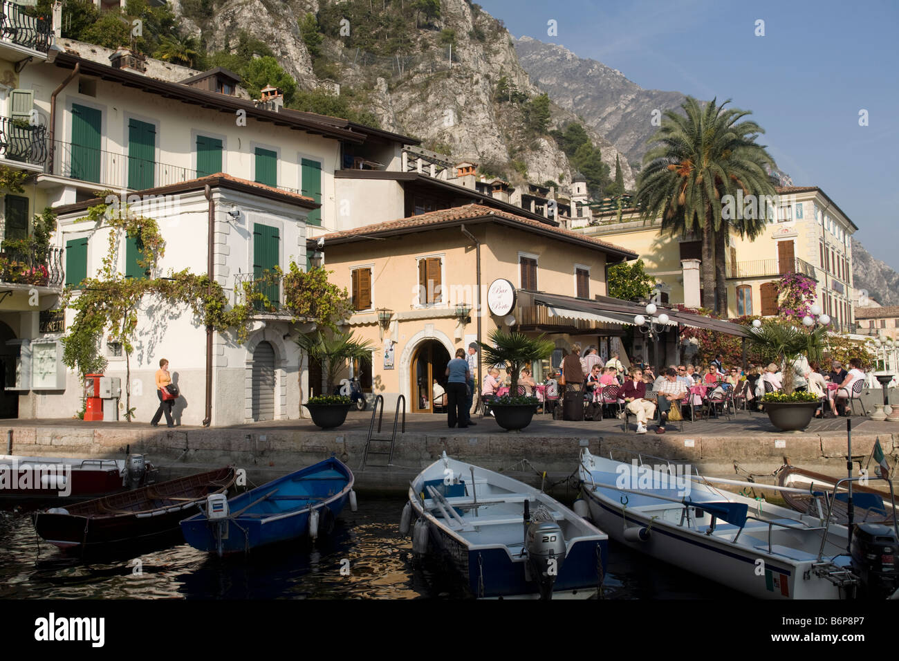 Limone sul Garda, view of the small village from the harbour. Tourists ...