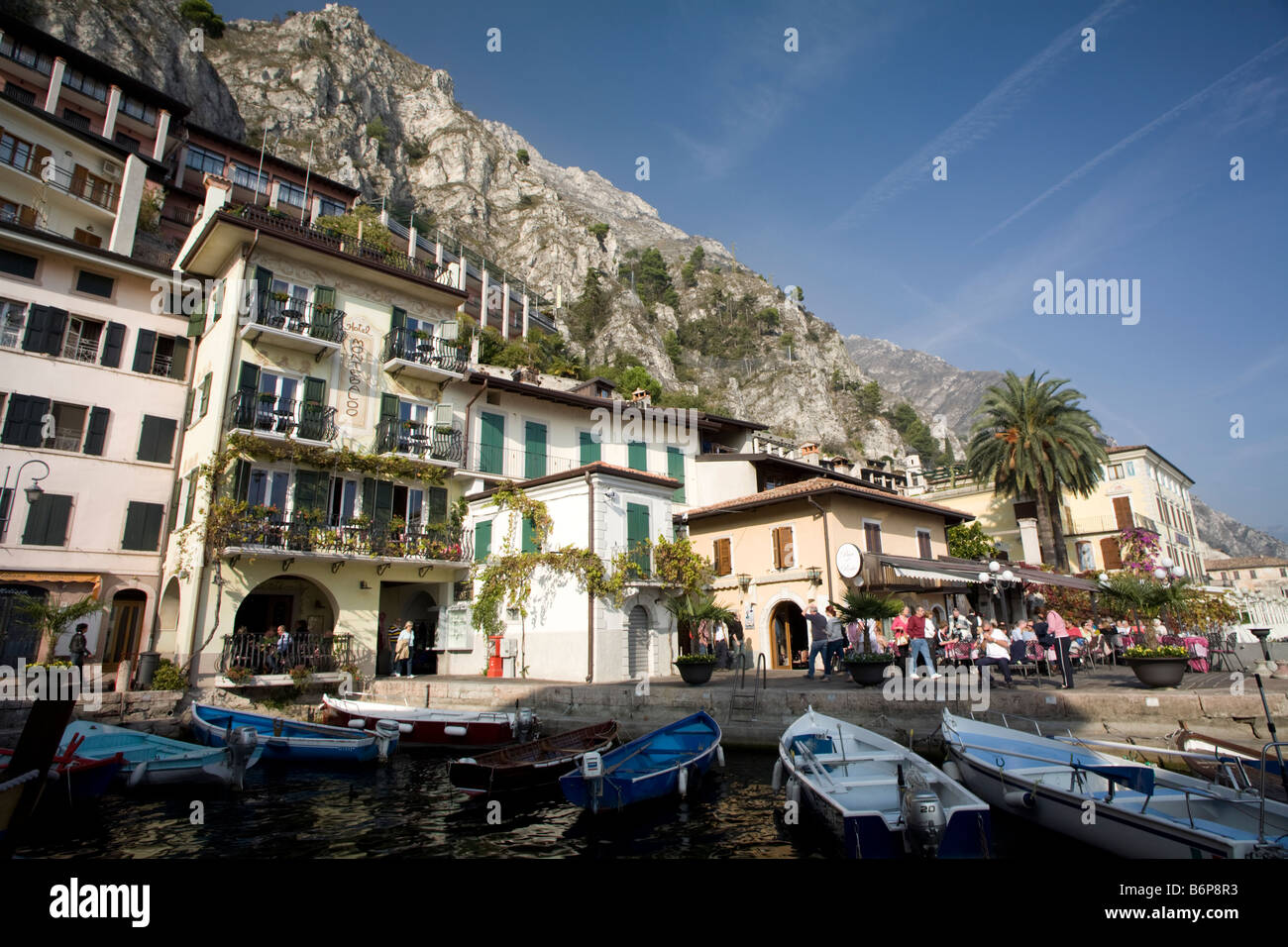 Limone sul Garda, view of the small village from the harbour. Tourists ...