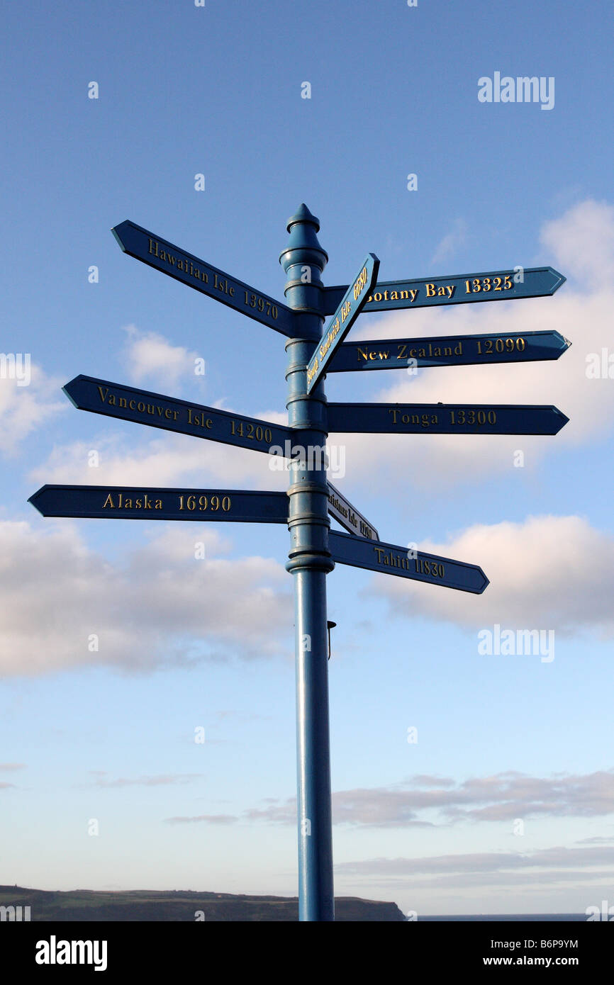A signpost in Whitby showing countries and places visited by James Cook ...