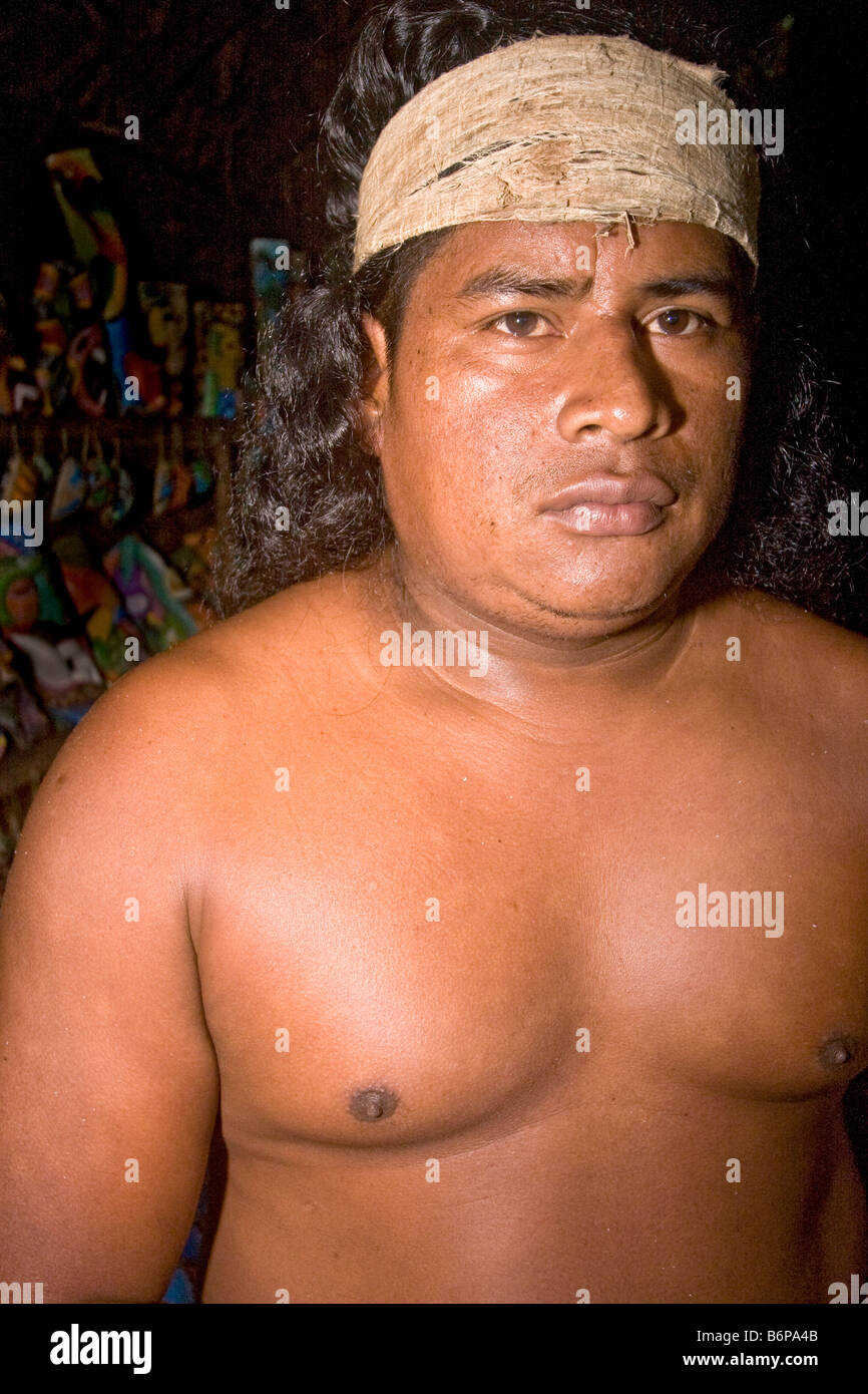 Local native member of the Maleku tribe, an Inca tribe, in a rainforest ...