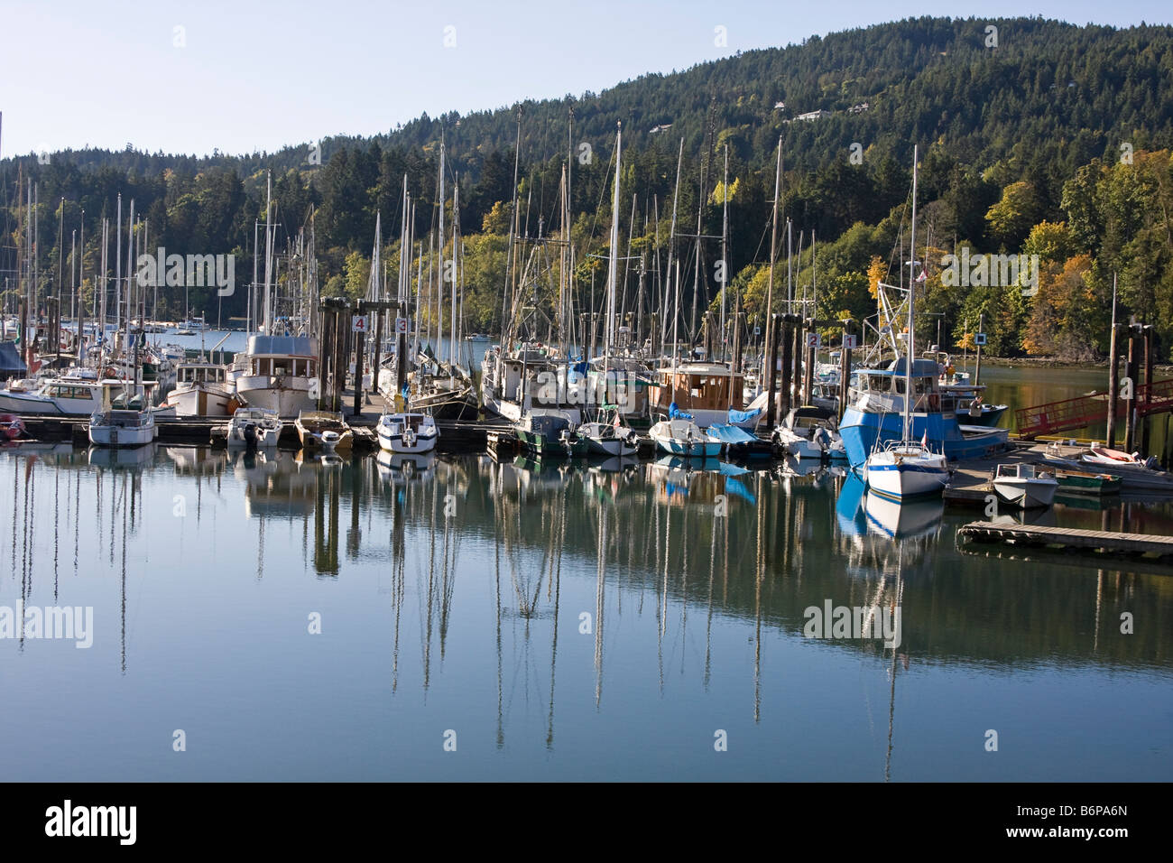 Boats at dock at Ganges Harbour, Salt Spring Island, British Columbia ...