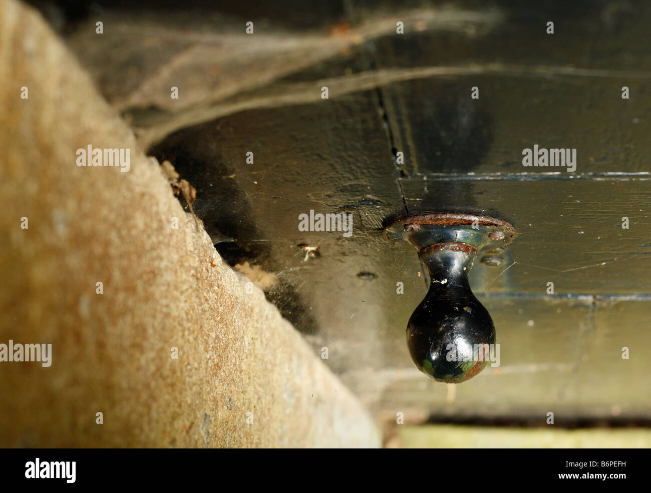 A rusty black door knob on a door with cobwebs and leaves Stock Photo ...