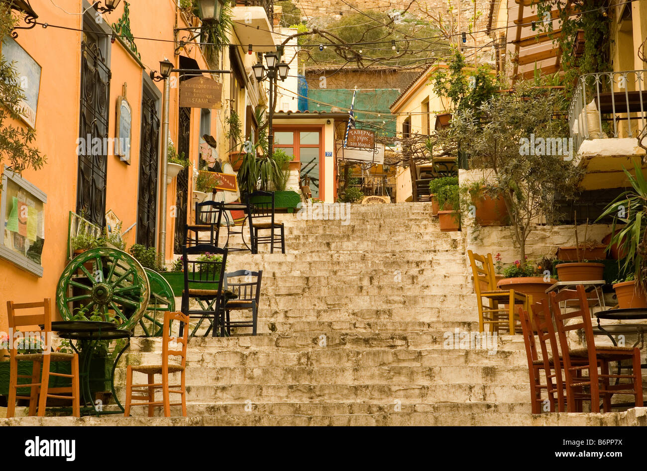 Athens alley and stairs Athens, Greece cafes Stock Photo - Alamy