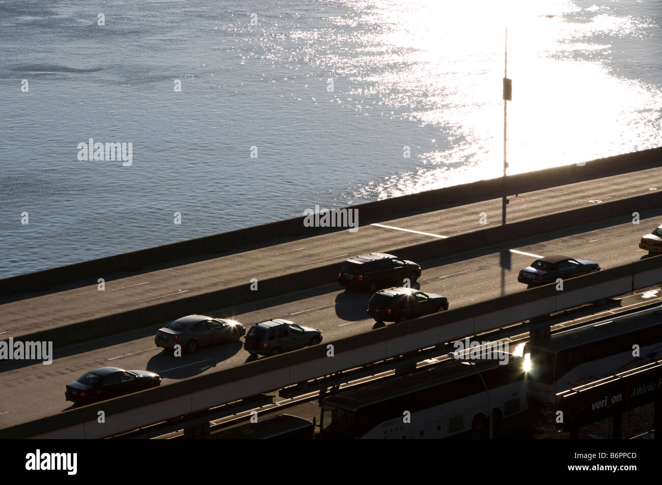 Cars are seen on the FDR Drive on the east side of Manhattan in New ...