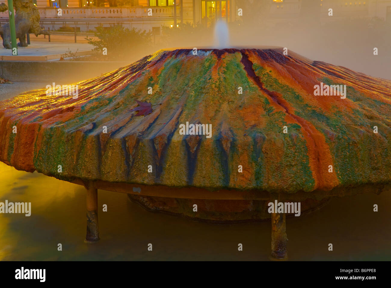 Warm mineral spring "volcano" at the Kochbrunnenplatz public square in ...