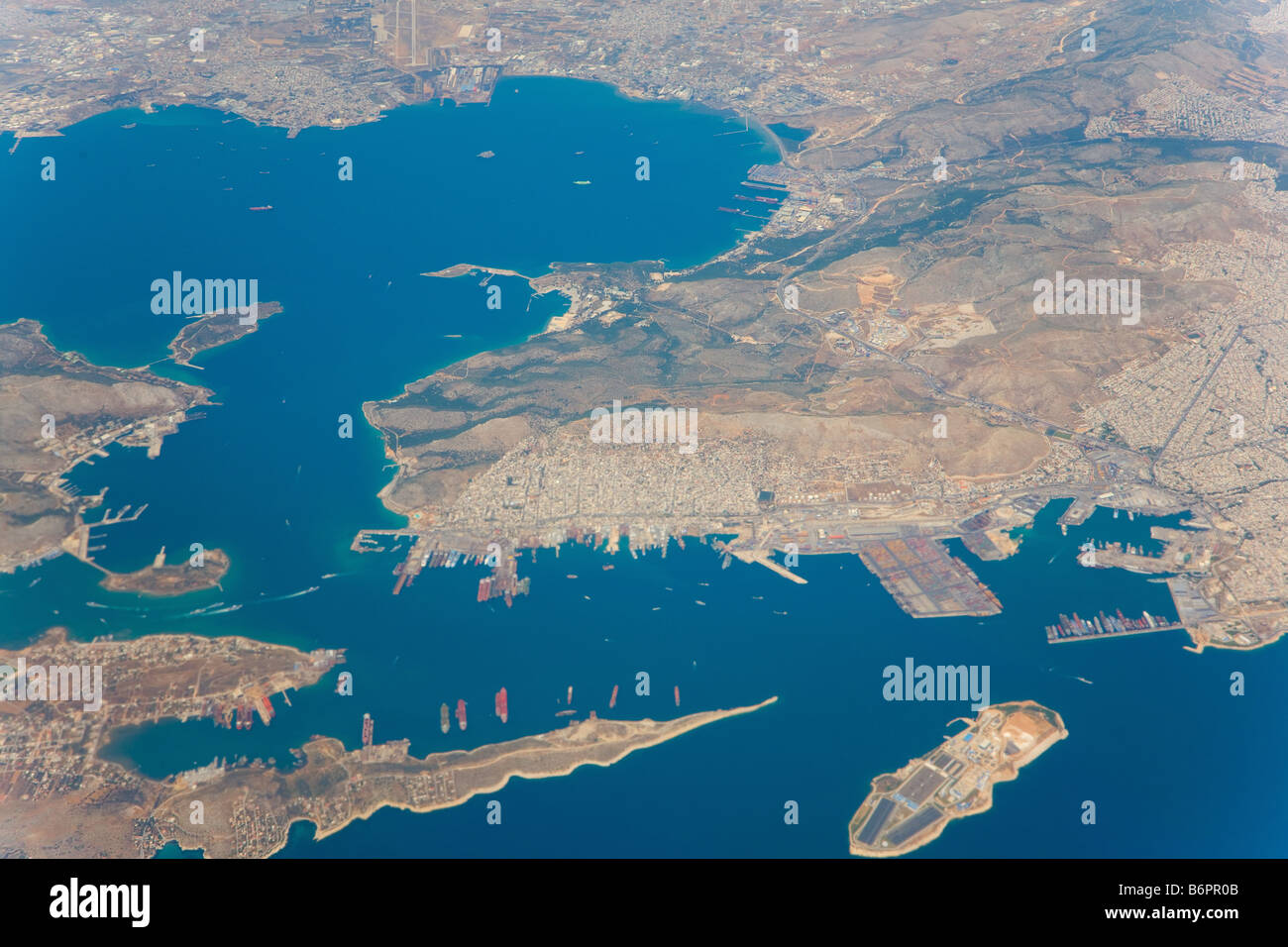 Aerial view onto the harbour of Perama and Salamis Island near Pireus ...
