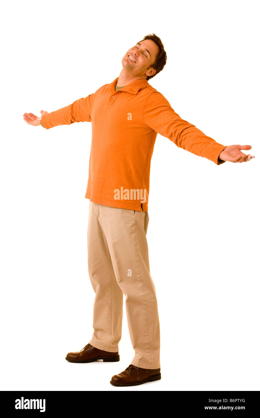 Full length portrait of a man with arms out stretched in an expression ...