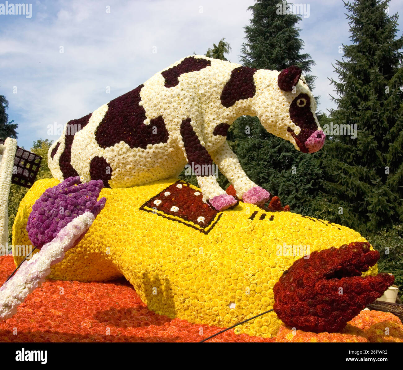 Flower sculpture of cow on clog at Flower Float Parade in Leersum ...