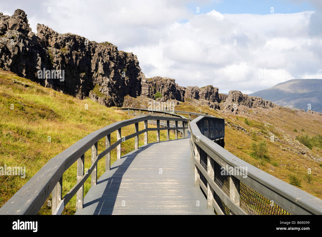 Boardwalk at Þingvellir, the site of the first Icelandic parliament ...
