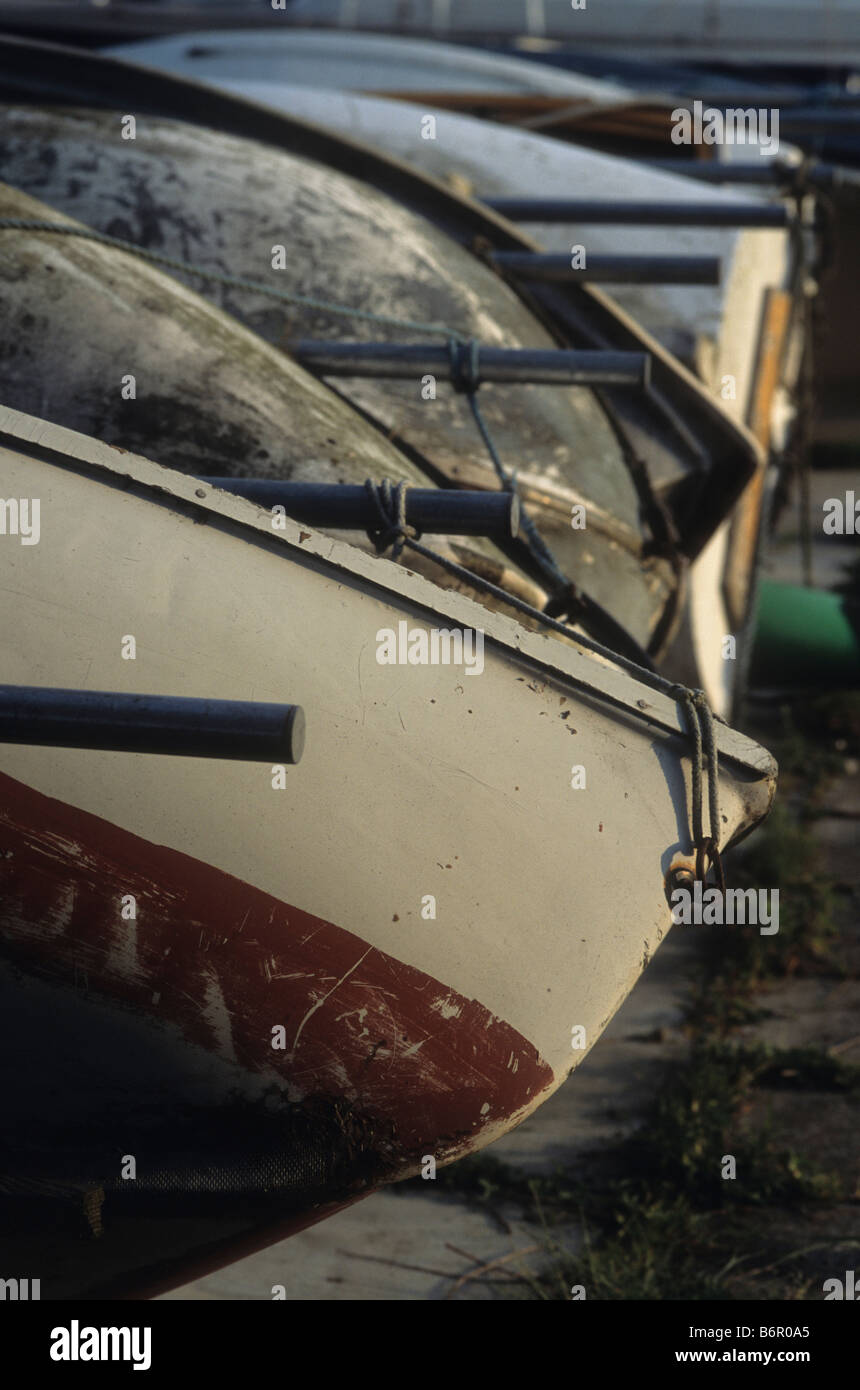 Bows of rowing boats lined up in dry dock yard Stock Photo - Alamy