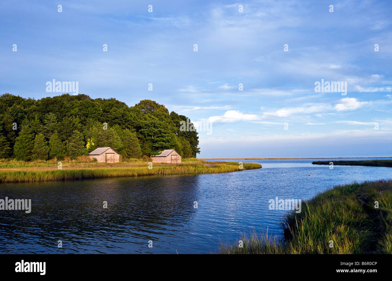 Nauset Marsh and rustic shacks leading out to the Cape Cod National ...