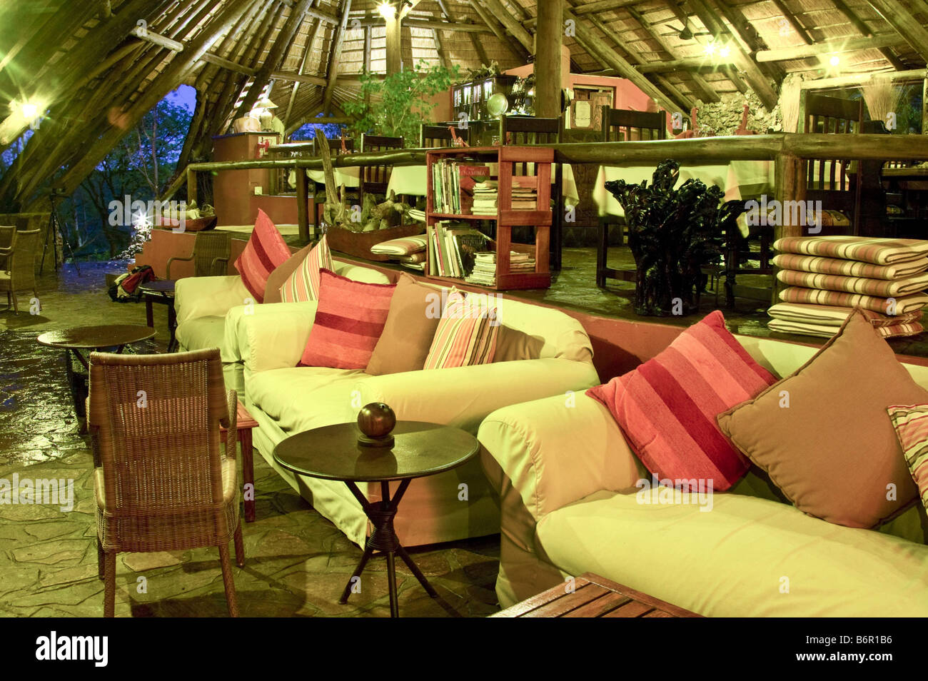 Ongava Lodge, living room in the evening, Namibia Stock Photo - Alamy
