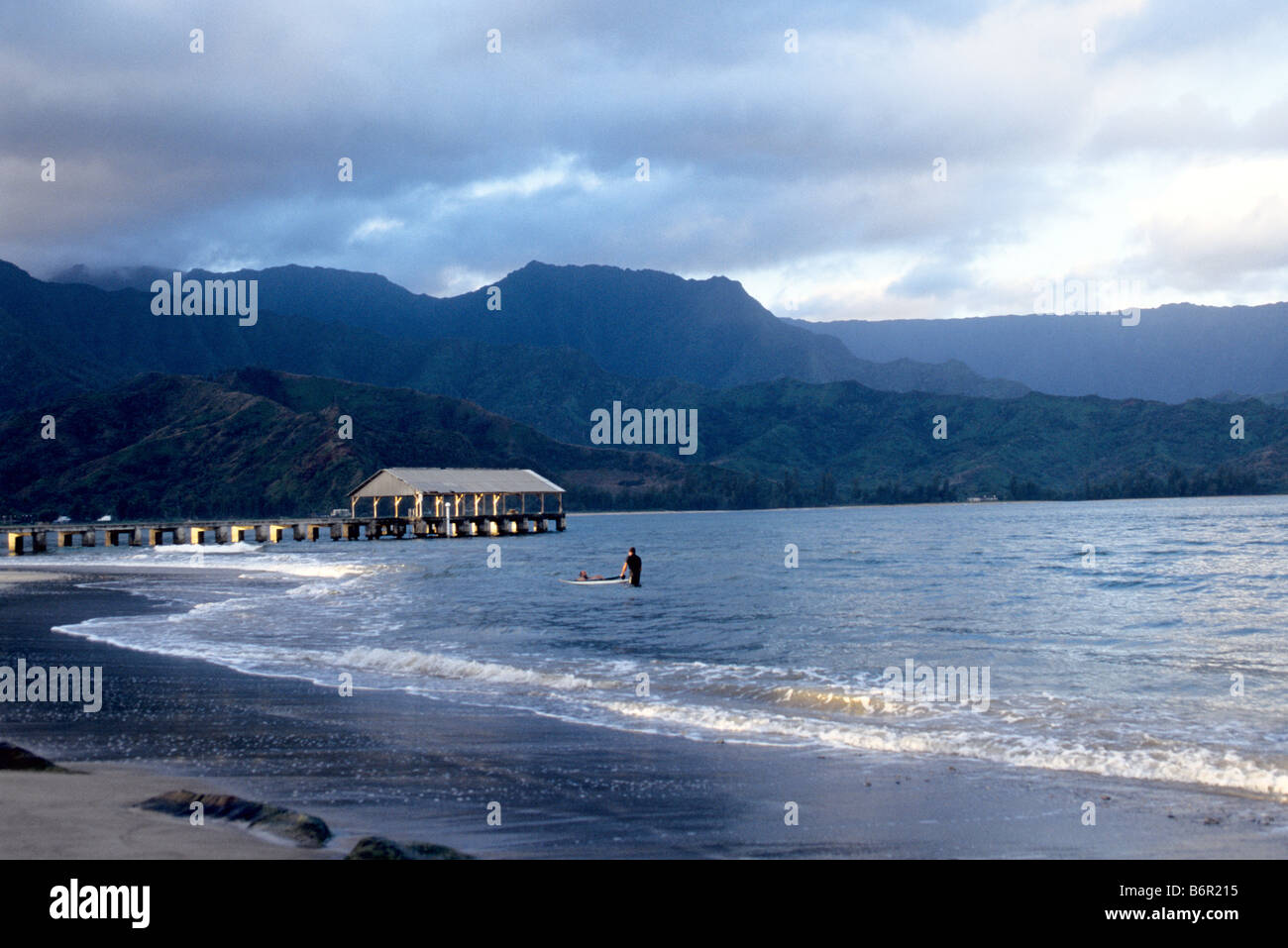 Hanalei Pier at dusk, Hanalei Bay, Island of Kauai, Hawaii Stock Photo ...