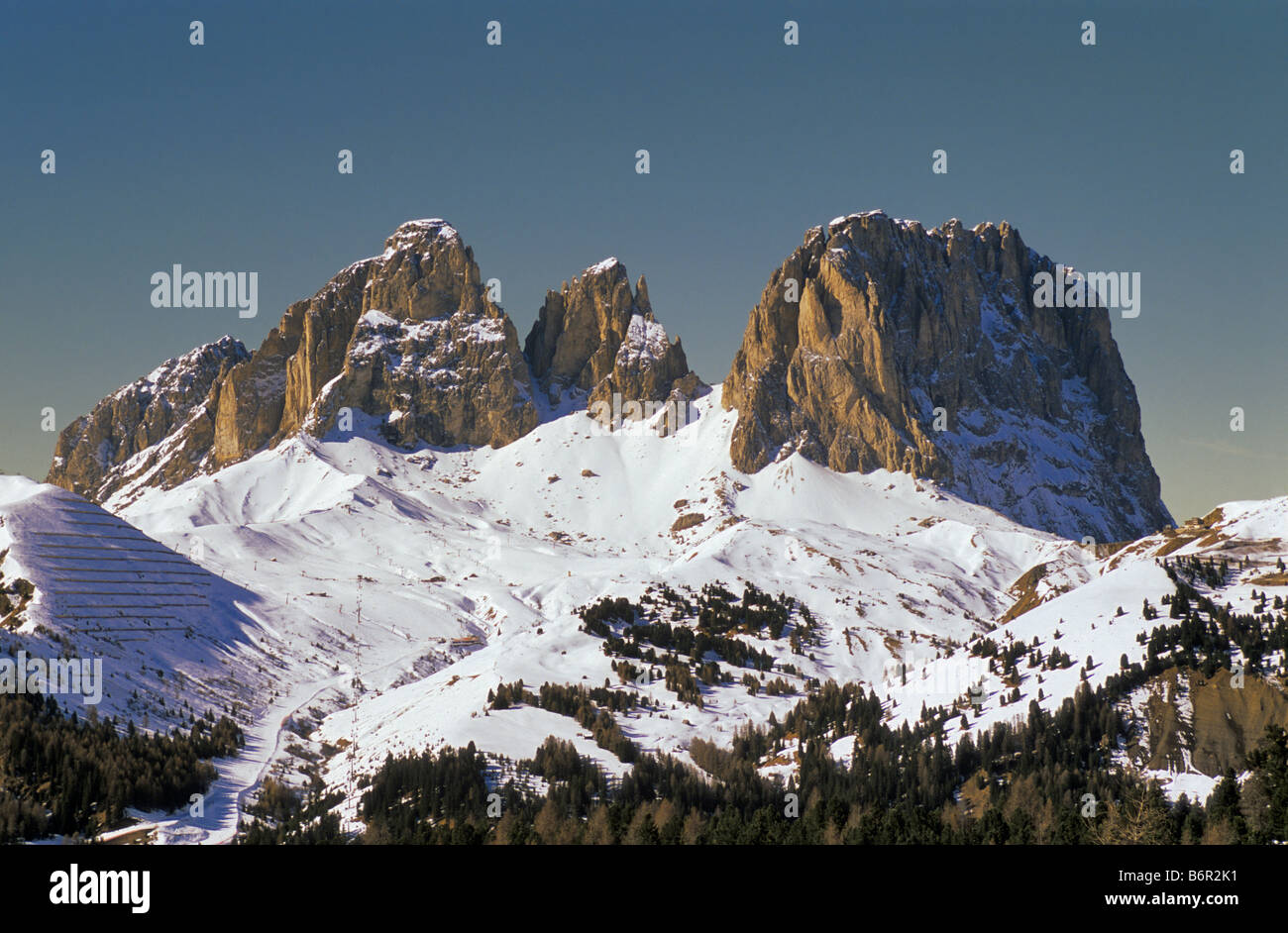 Sasso Lungo and Sasso Piatto seen from Passo Pordoi in winter Dolomites ...