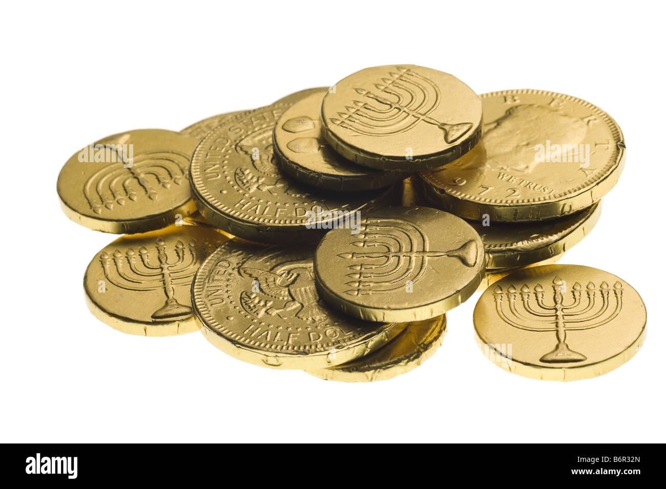 Hanukkah gelt with menorah on back isolated on white Stock Photo - Alamy