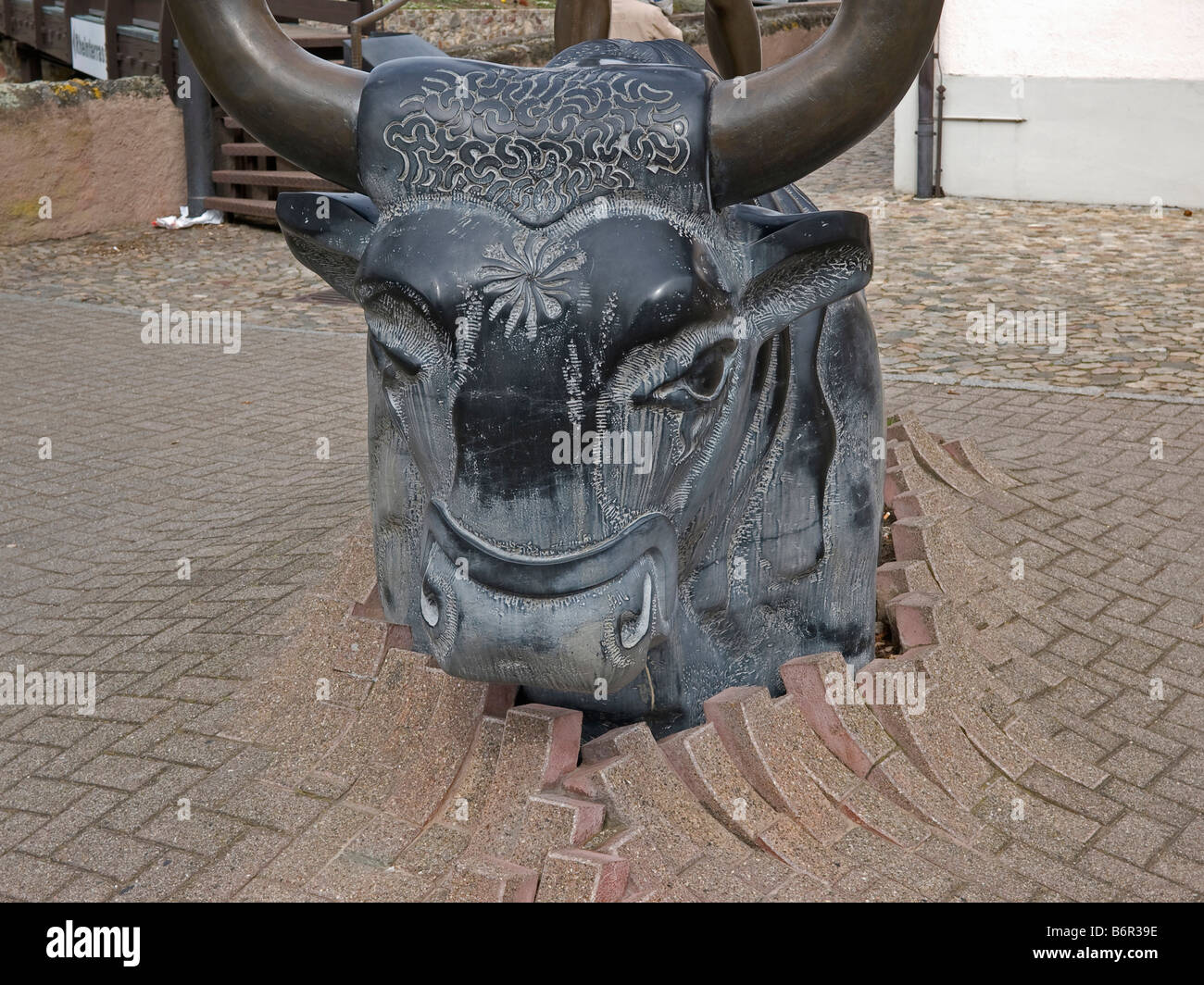 statue with bull Taurus and Europa at city hall city Breisach at Rhine ...