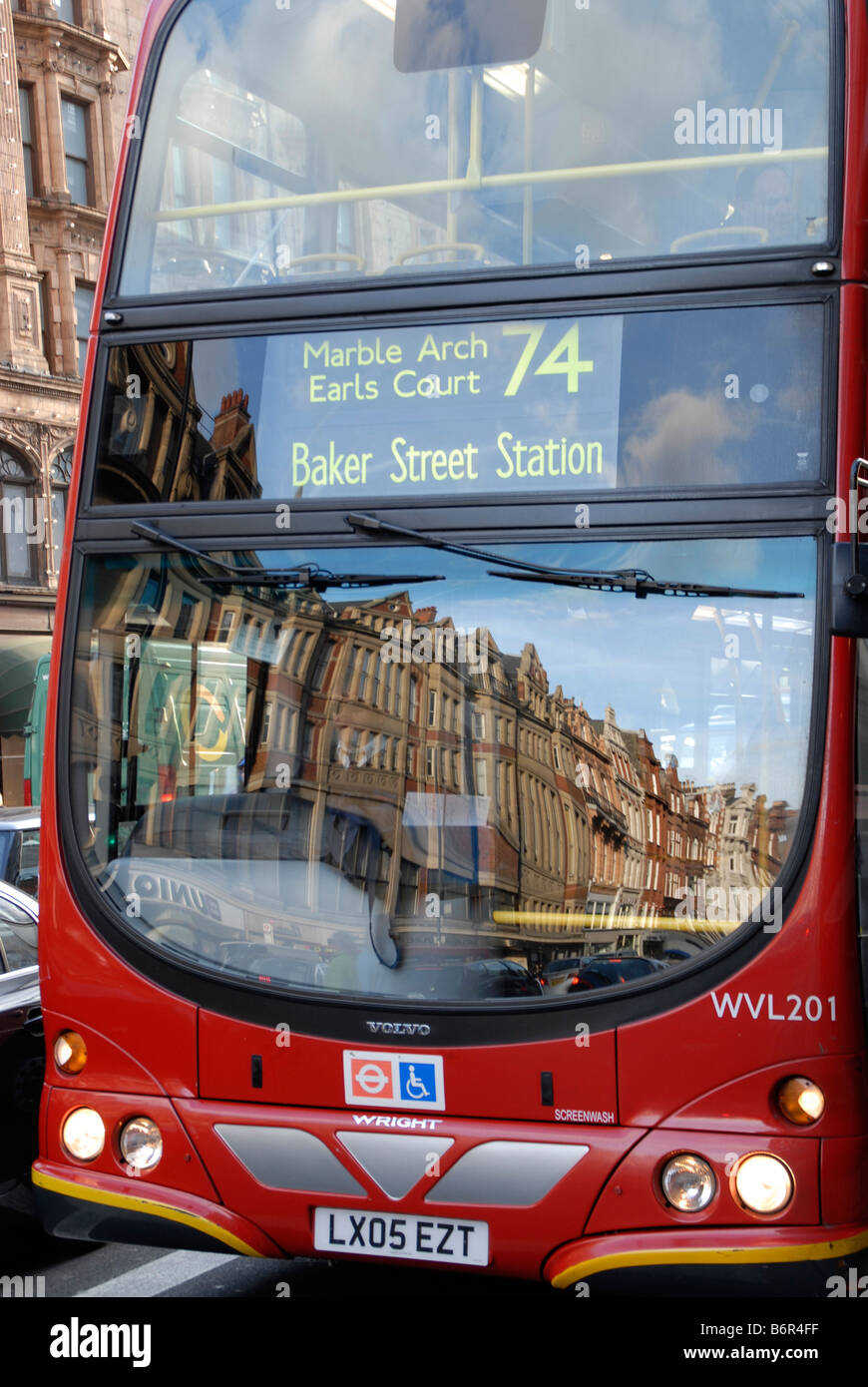 Reflection of a London, England city street in the window of a double ...
