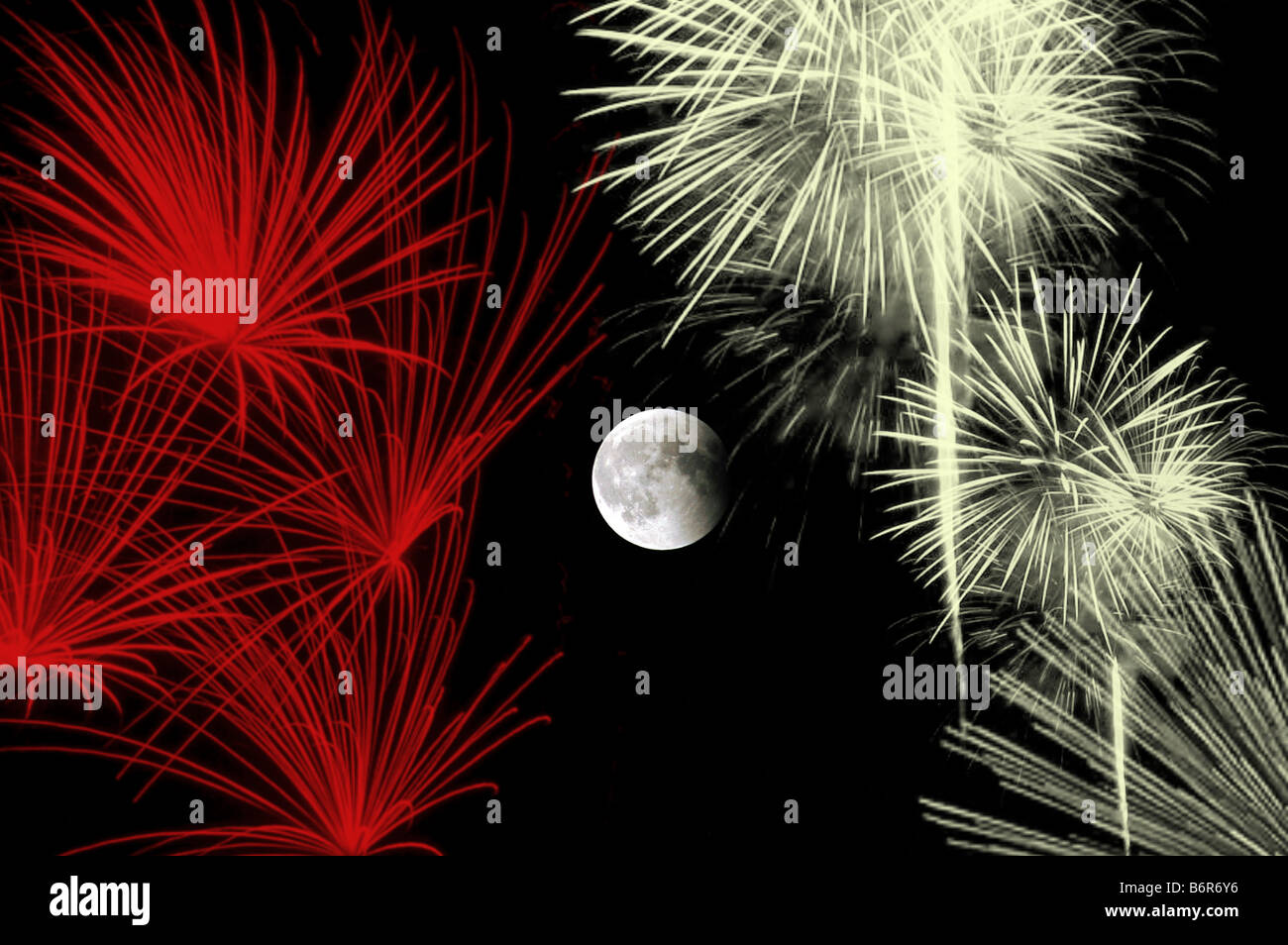 A waning moon with fireworks Stock Photo - Alamy