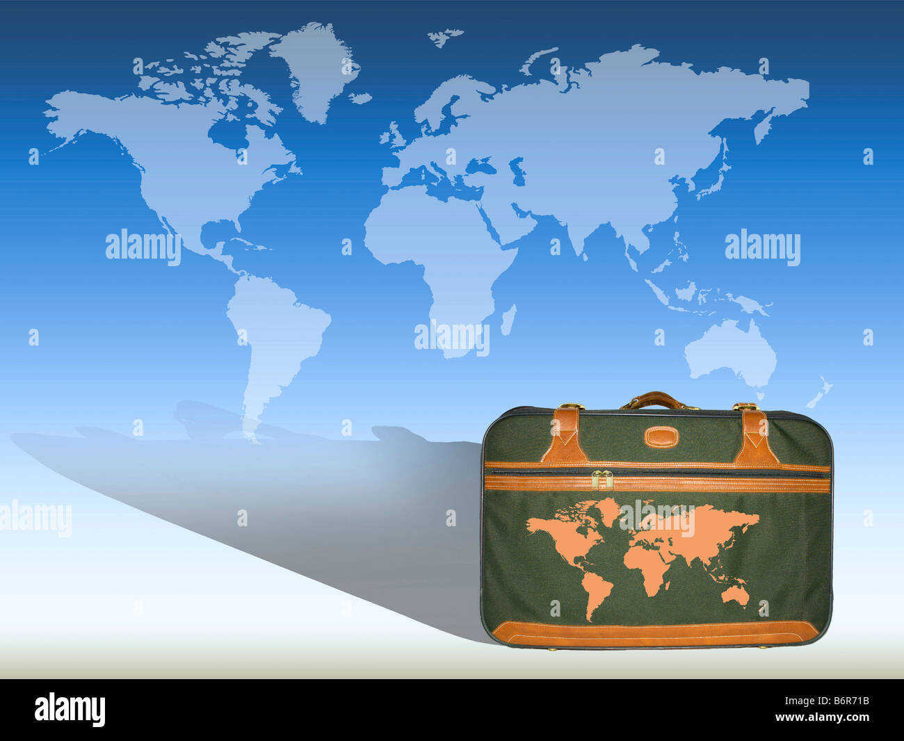 A packed suitcase with the world map in the background Stock Photo - Alamy