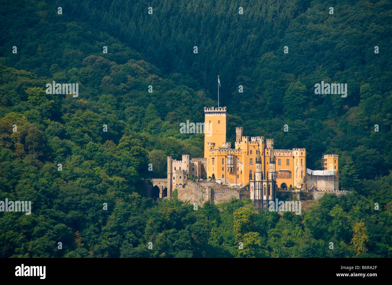 Stolzenfels Castle surrounded by forest and overlooking Rhine River ...