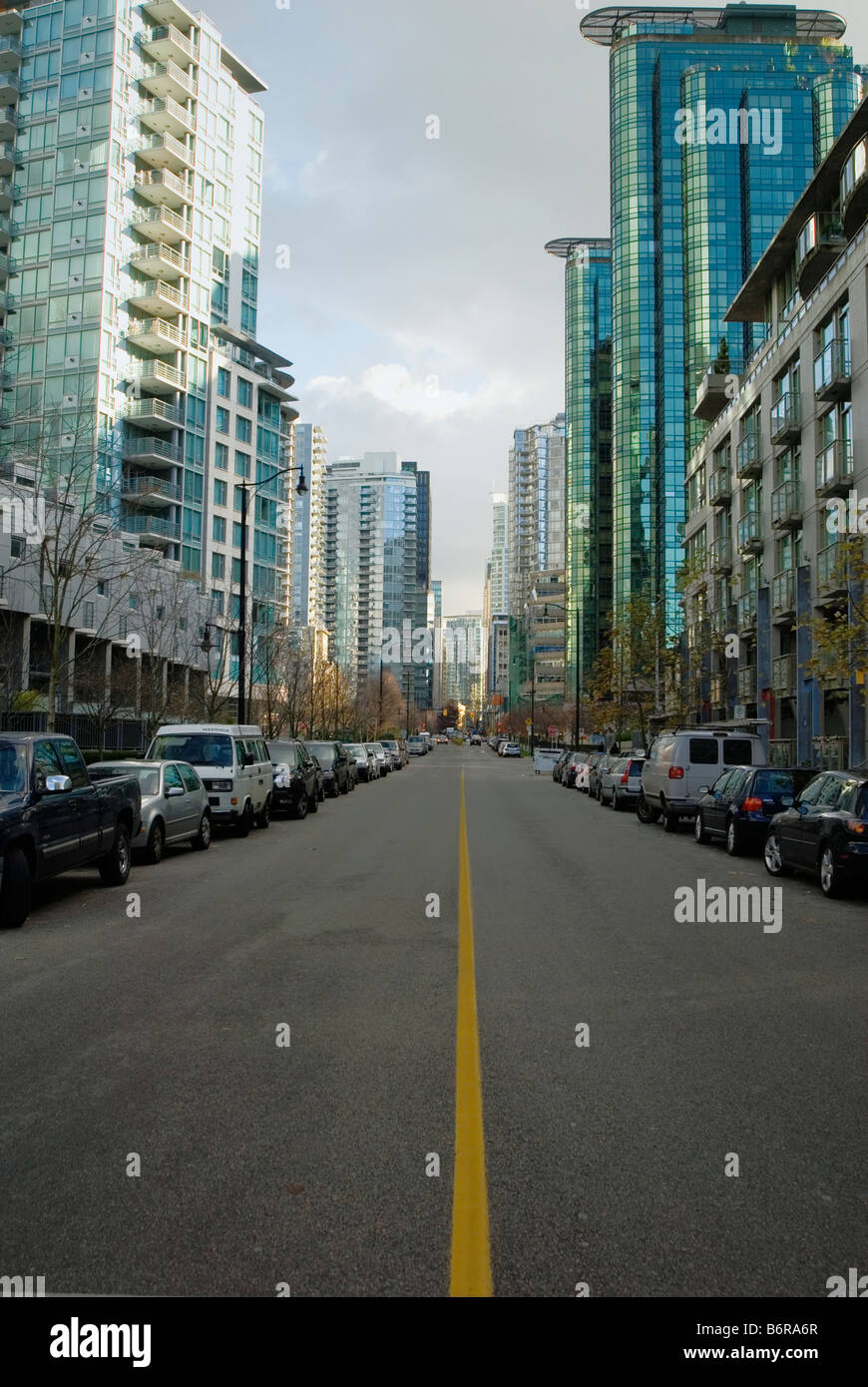 Focus on yellow line down middle of a street in Vancouver, British ...
