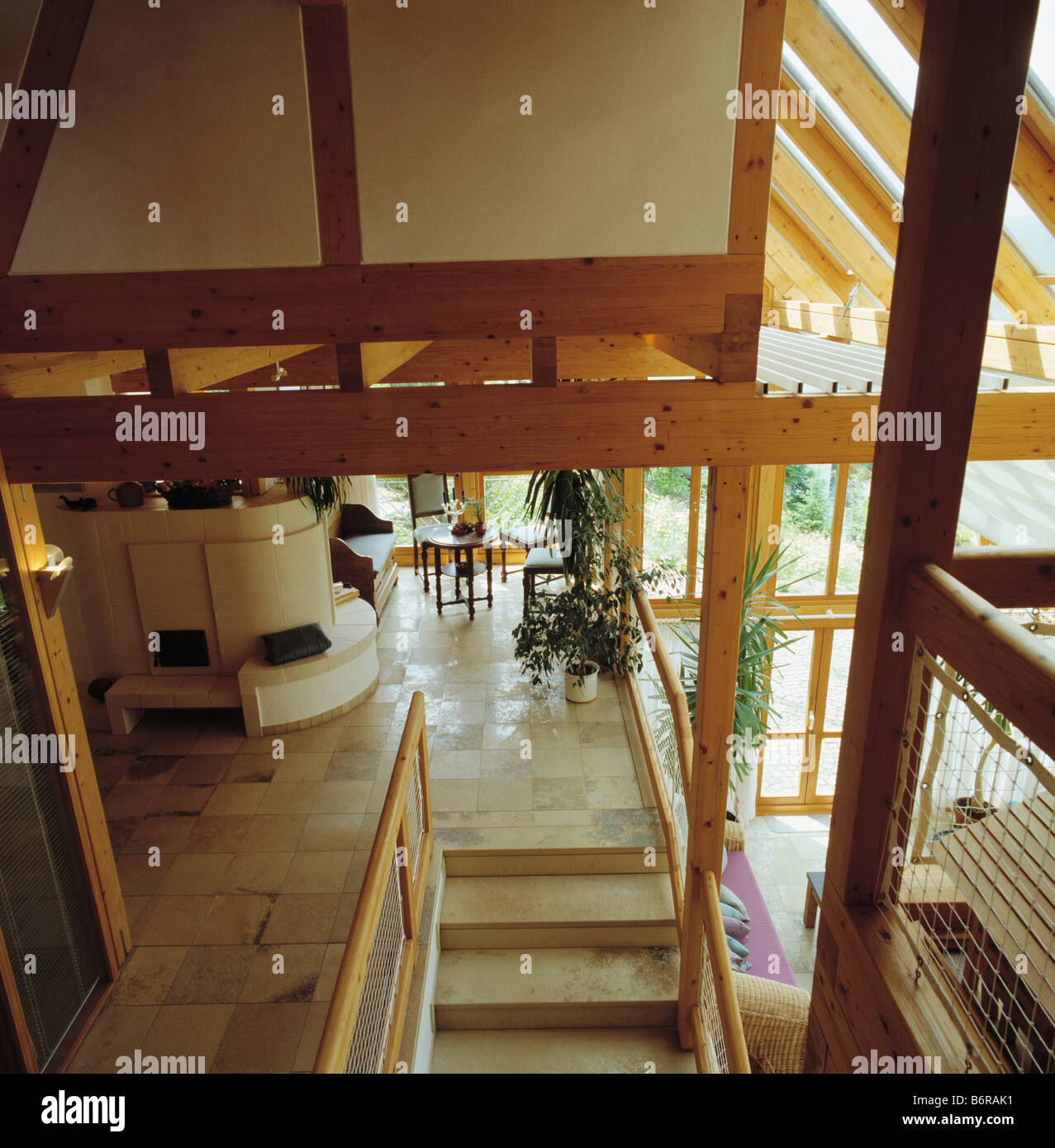 Birdseye view of staircase and large openplan beamed landing in newly ...