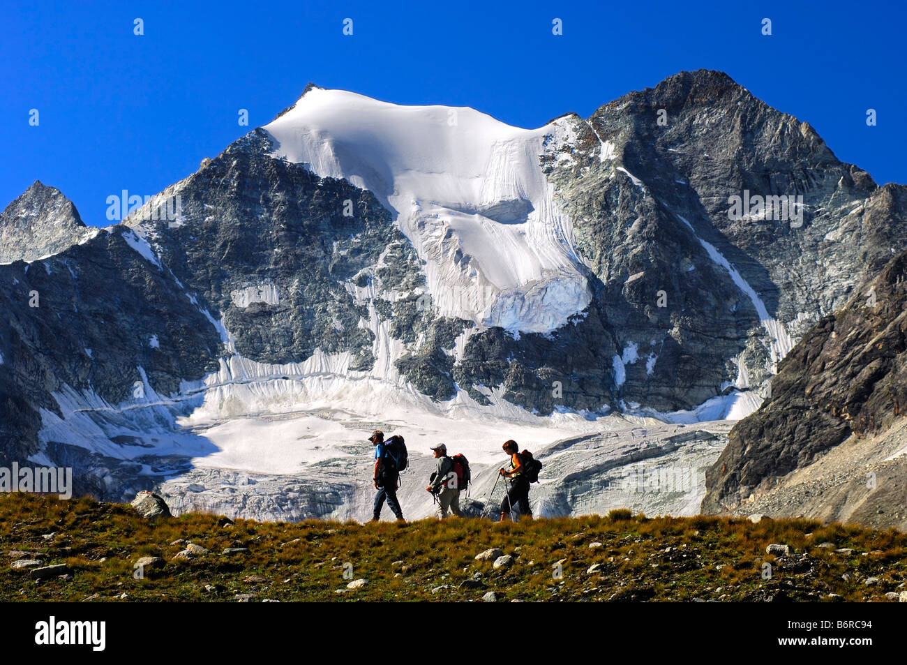 Hikers on their way to the Moiry hut passing Mt Pointes de Mourti ...