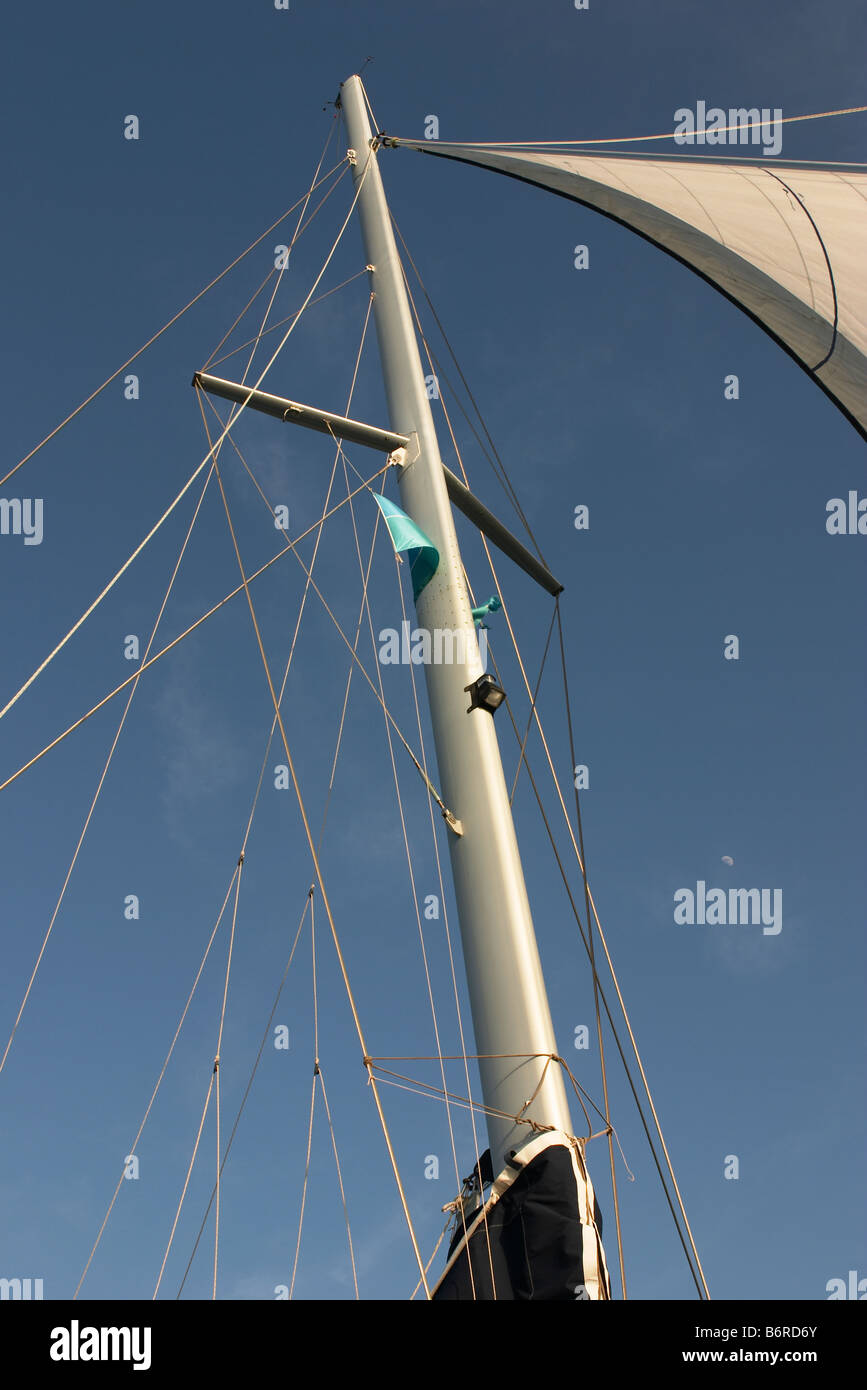 Catamaran mast and rigging with a cream white sail and a blue sky ...