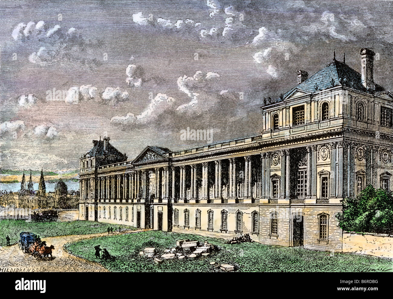 Colonnade Of The Louvre Palace Paris 1800s Hand Colored Woodcut Stock