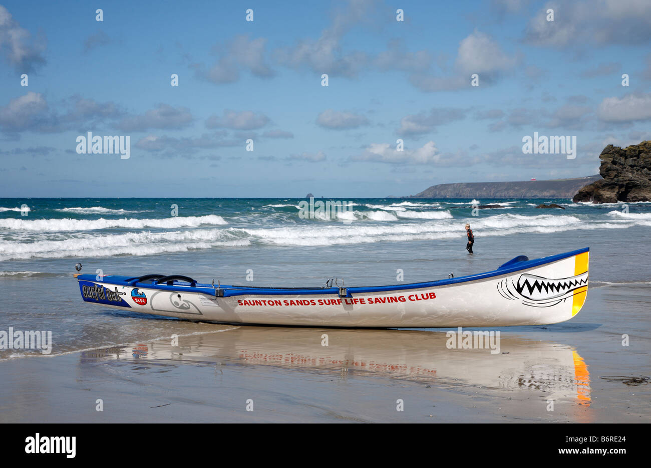 Saunton Sands surf life saving club boat on Portreath beach, Cornwall ...