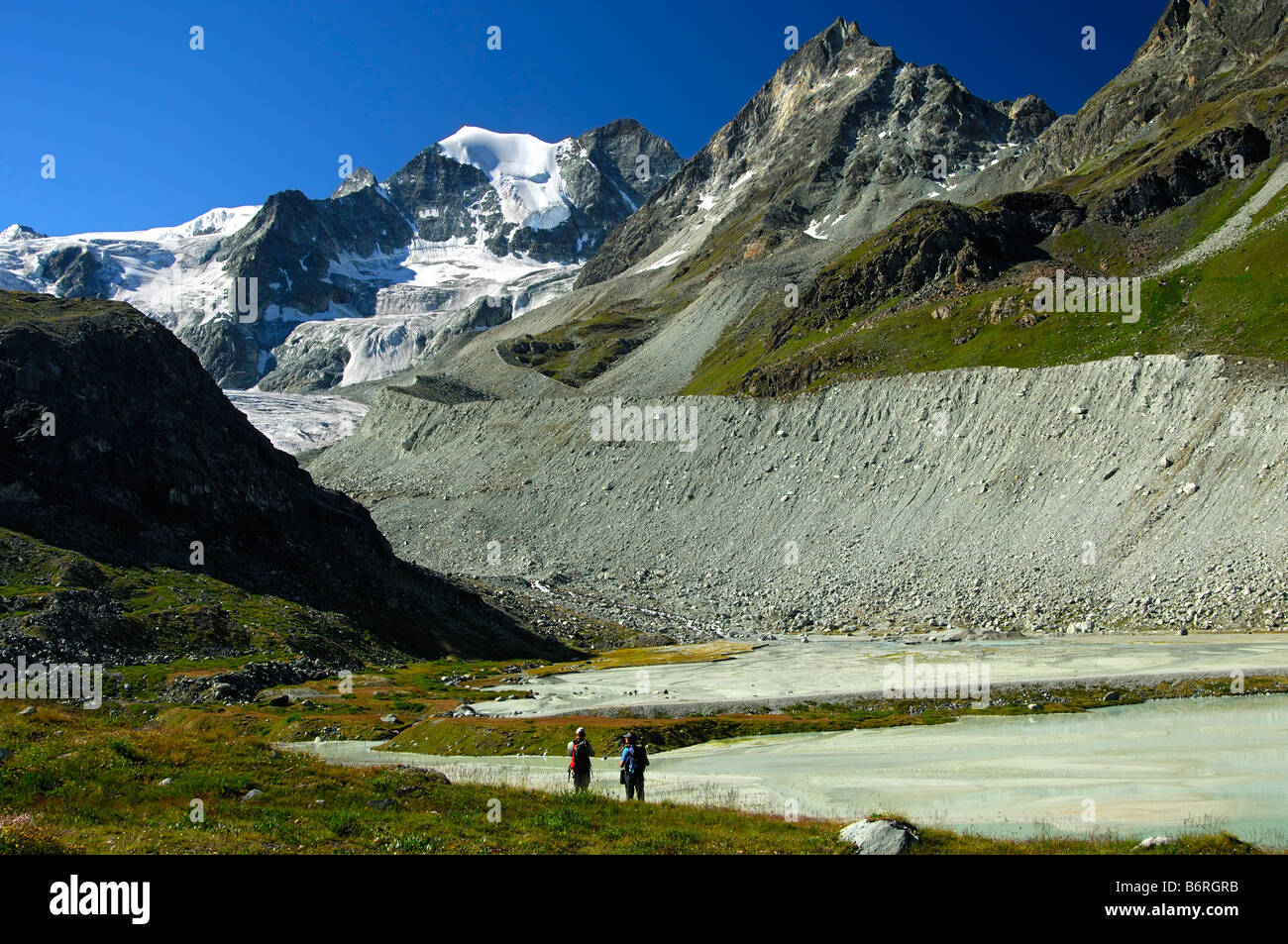 At the lake at the end of the ice front of the Moiry glacier, Mt ...