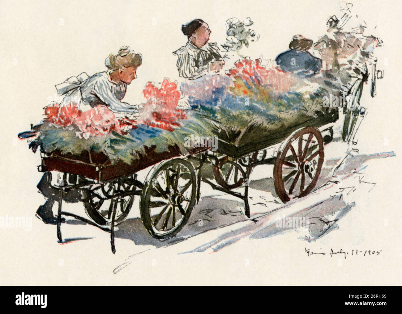 Women selling fresh flowers in Paris circa 1910. Color halftone of an ...