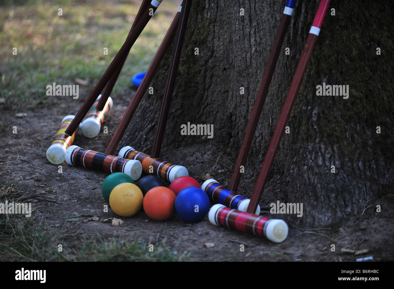 Croquet balls and mallets leaning against a tree Stock Photo - Alamy