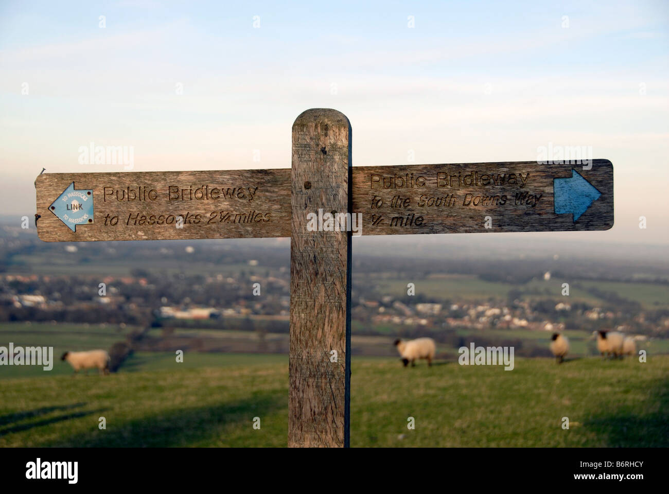 Public footpath sign showing the South Downs Way long distance walk ...