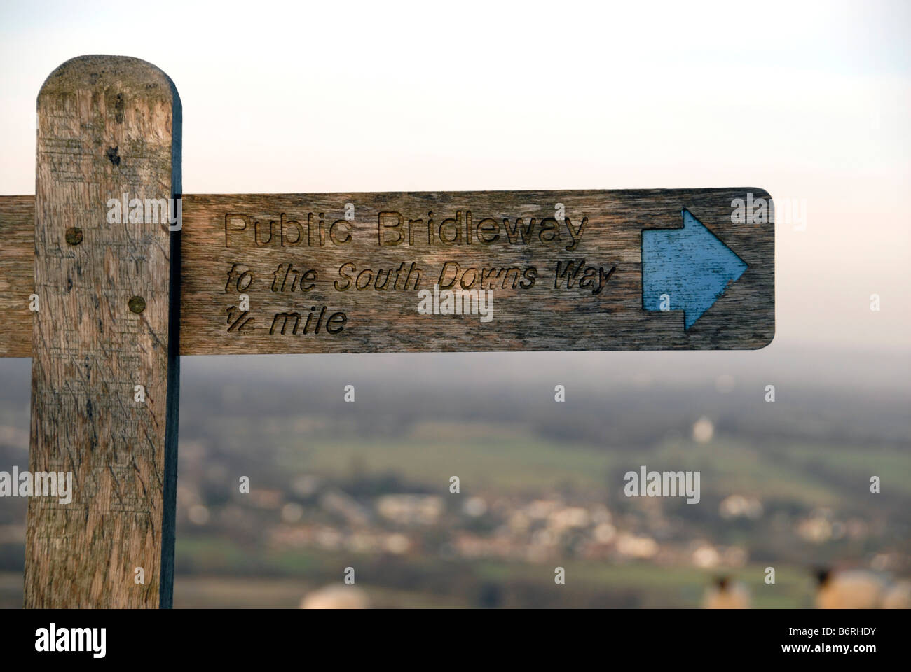 Public footpath sign showing the South Downs Way long distance walk ...