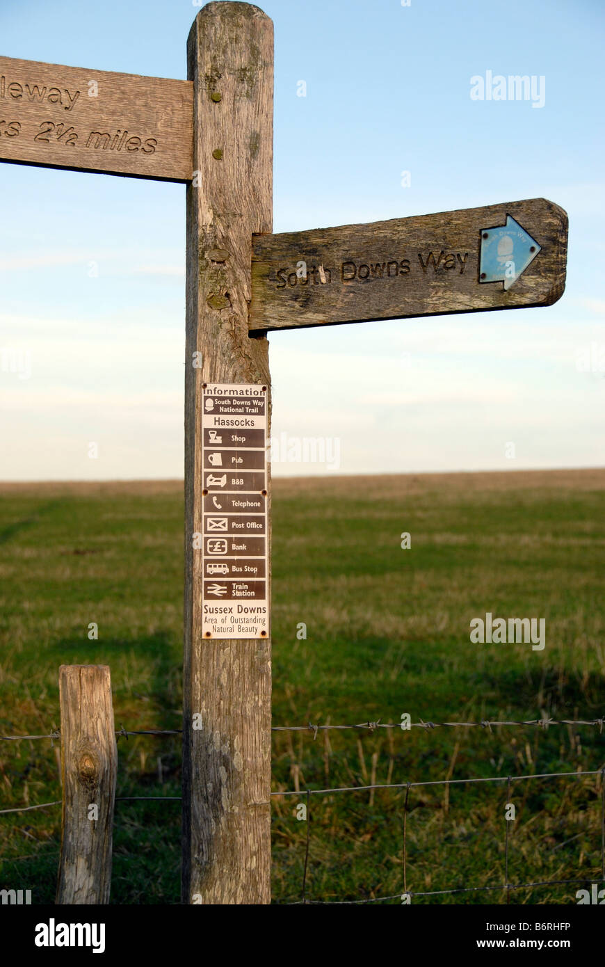 Public footpath sign showing the South Downs Way long distance walk ...