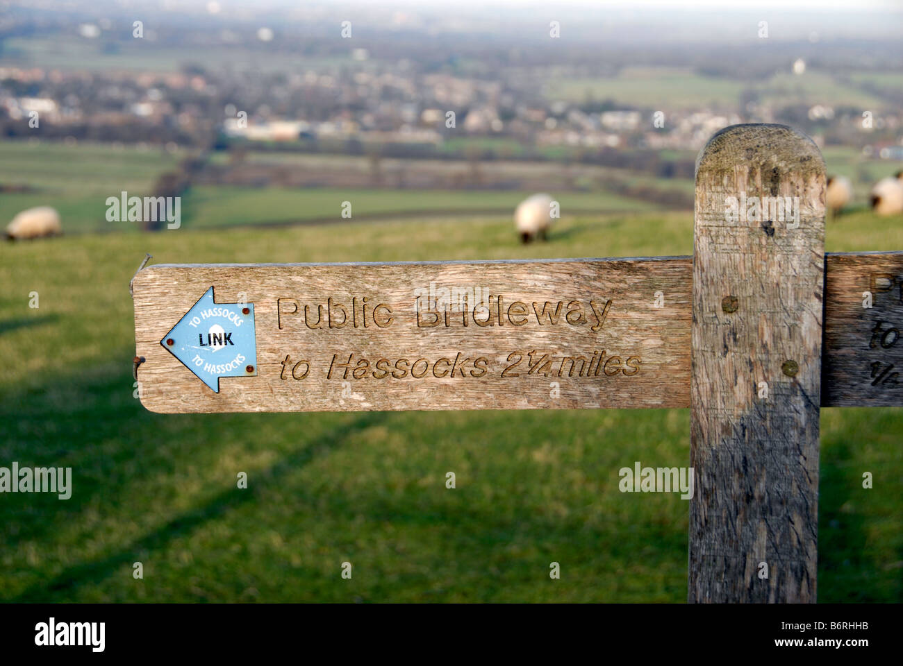 Public footpath sign showing the South Downs Way long distance walk ...