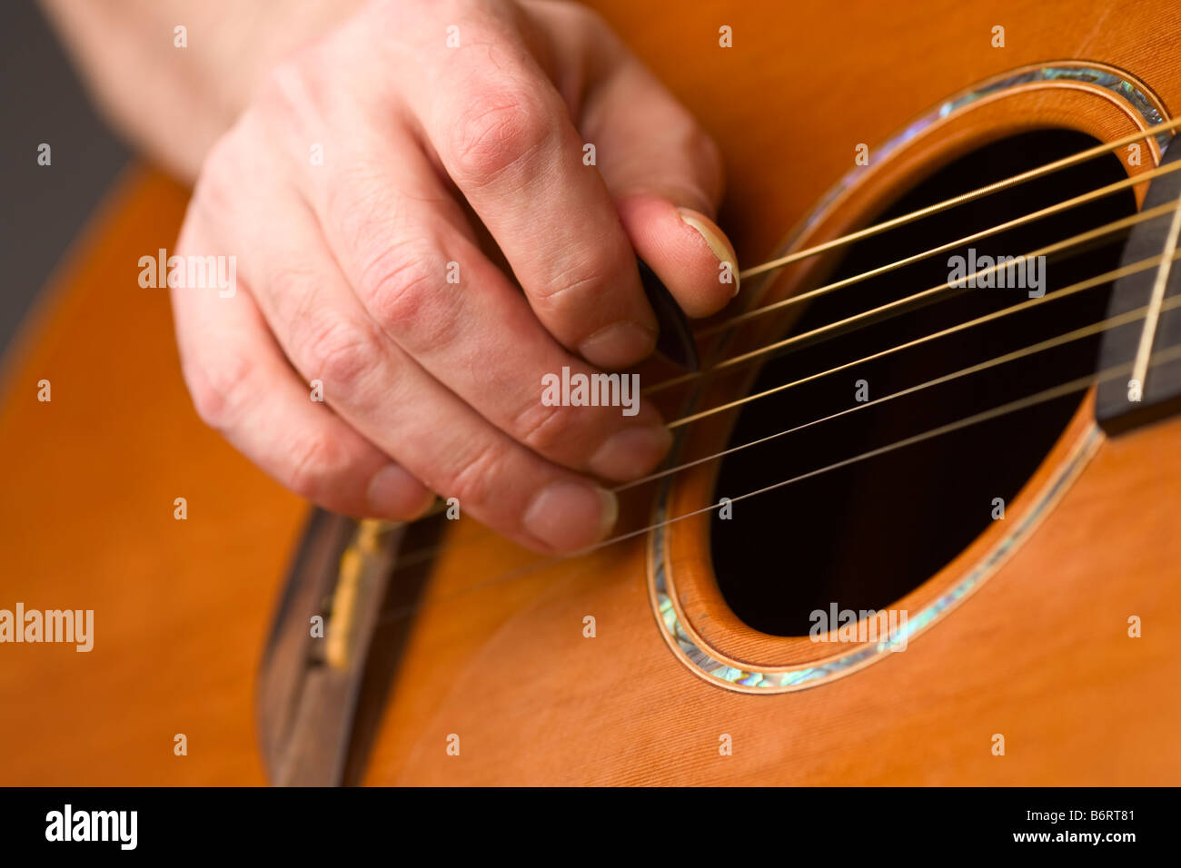 Close up of acoustic guitar player's right hand using plectrum Stock ...