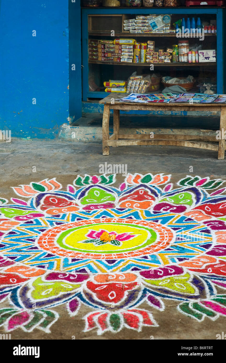 Indian shop with lotus rangoli festival design at its entrance on a ...
