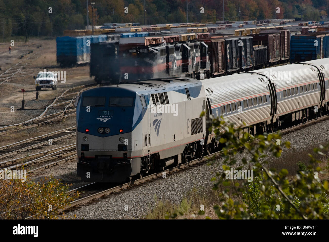 Amtrak Downeaster passenger train passes Rigby Rail Yard South Portland ...