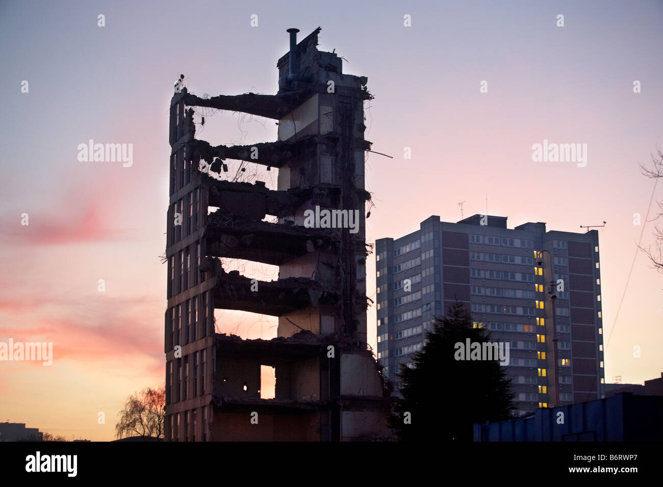 A partly demolished tower block in Birmingham UK. It is a former ...