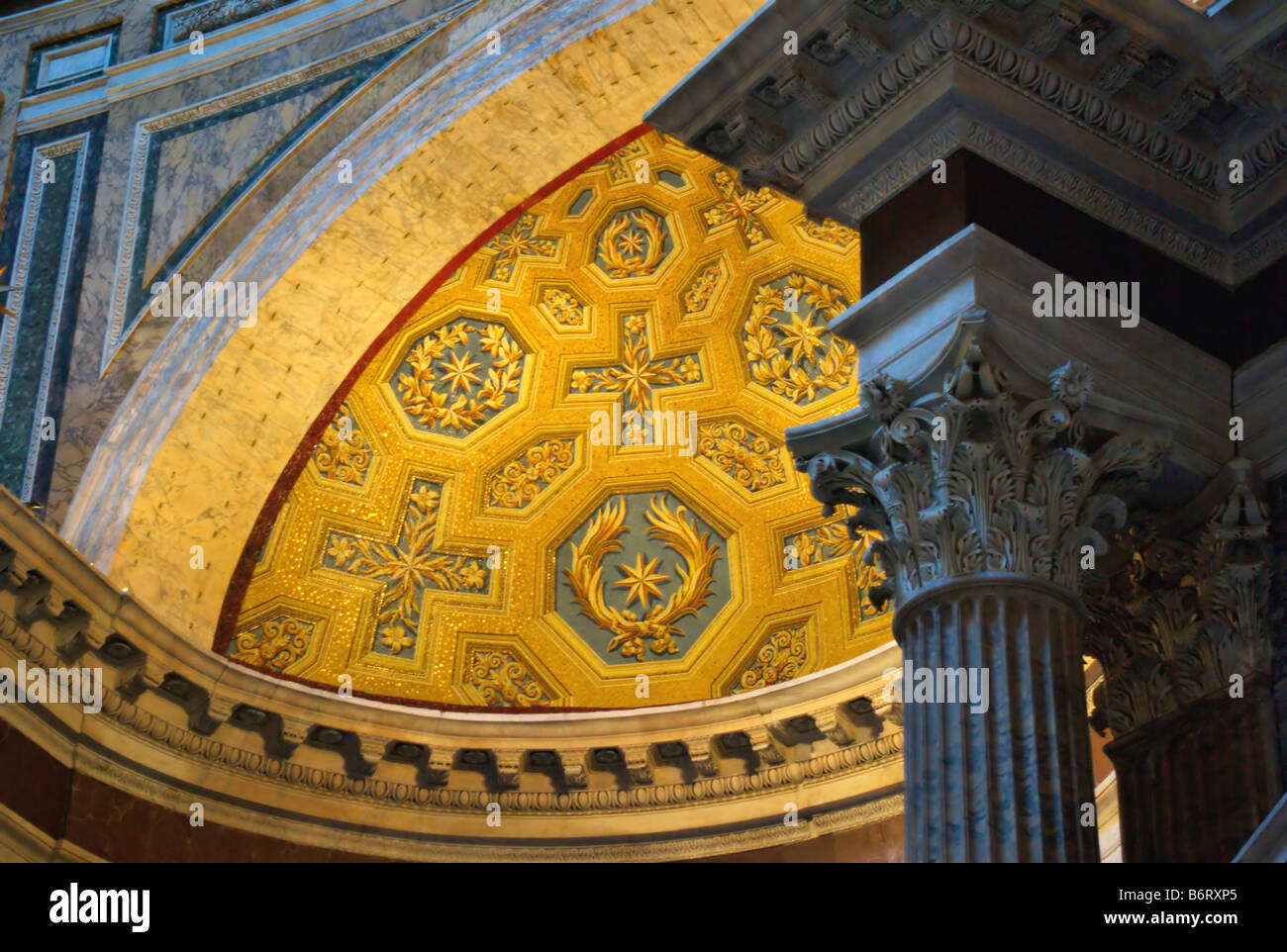Interior wall of Roman Pantheon with gold-decorated vault and ...