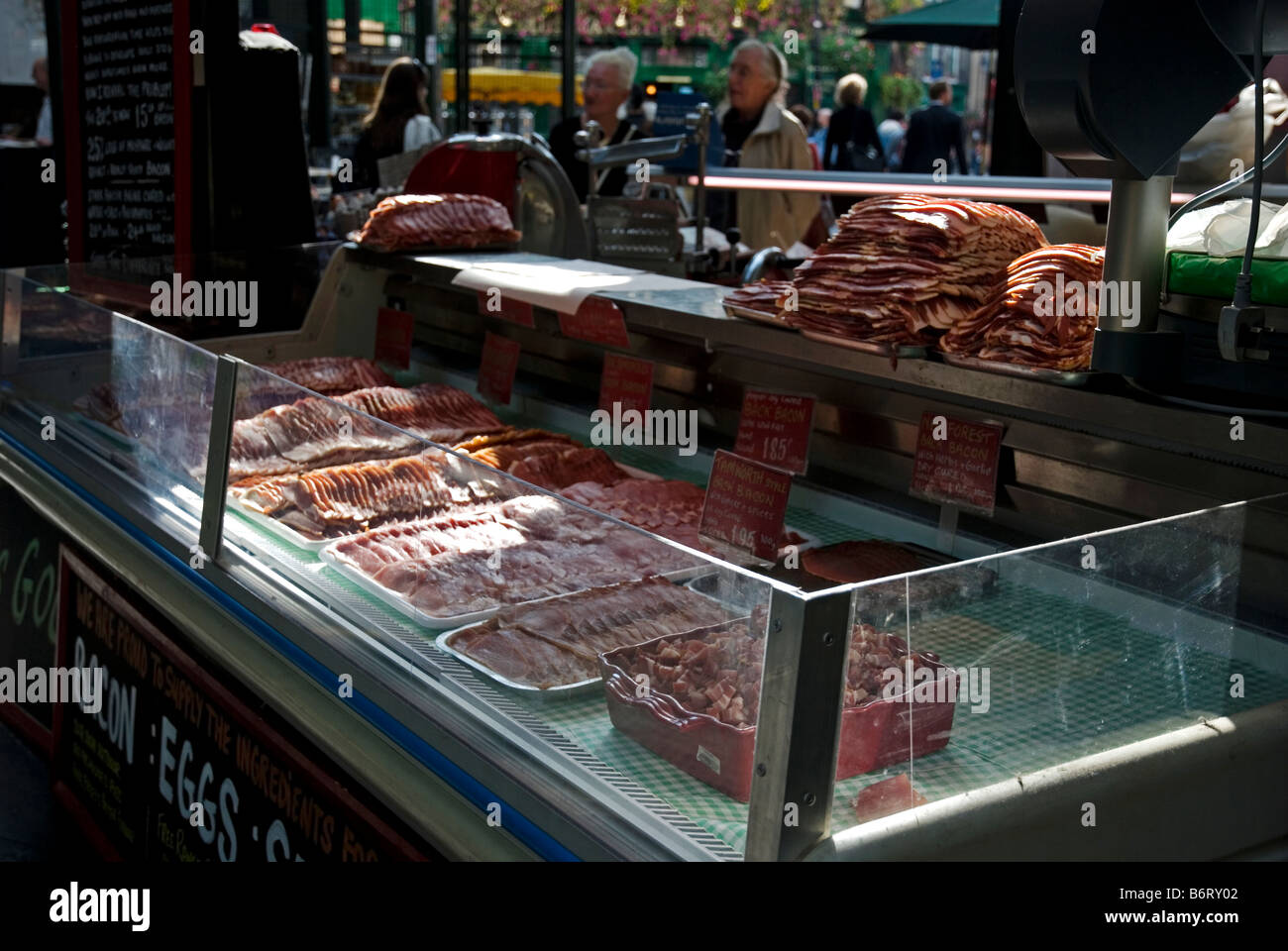 Bacon on display at Borough Market, London England UK Stock Photo - Alamy